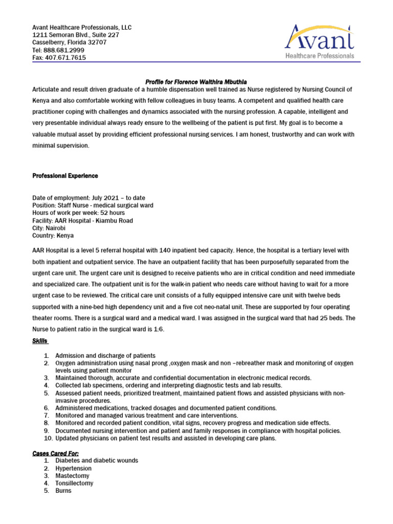 Florence Avant Resume | Download Free PDF | Childbirth | Hospital