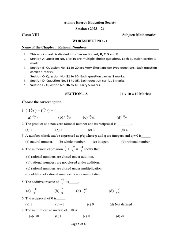 Class8 Maths - WS1-Chapter 1 Rational Numbers Mumbai2 | PDF | Integer ...