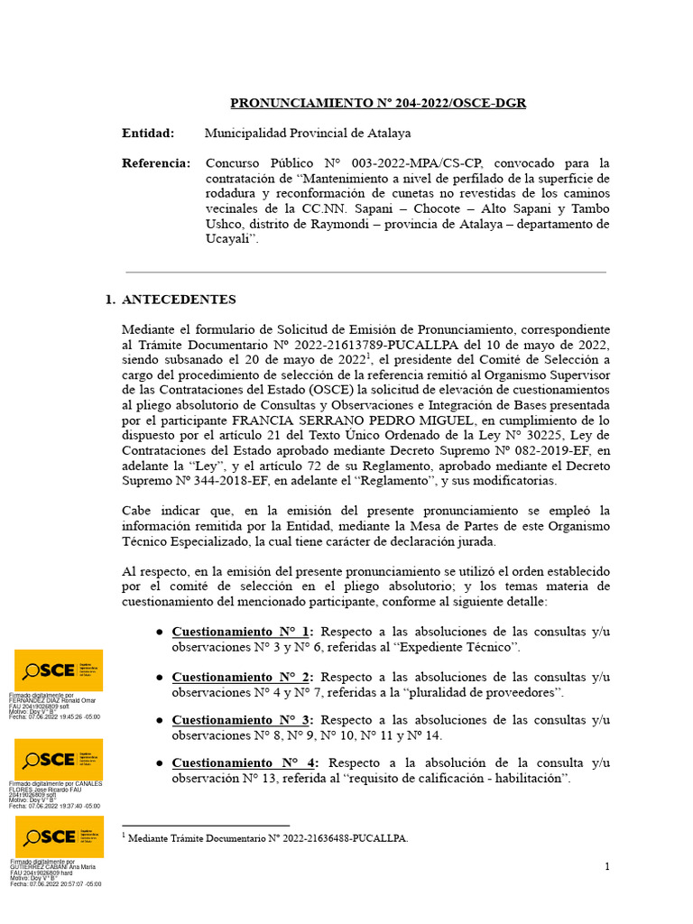 Pronunciamiento #204-2022.OSCE - DGR | PDF | Regulación | Publicidad