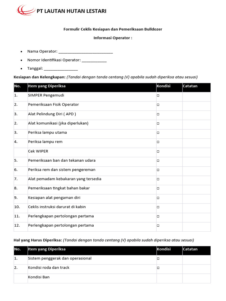 Form Inspeksi Kesiapan Dan Kelengkapan Operator Bulldozer | PDF