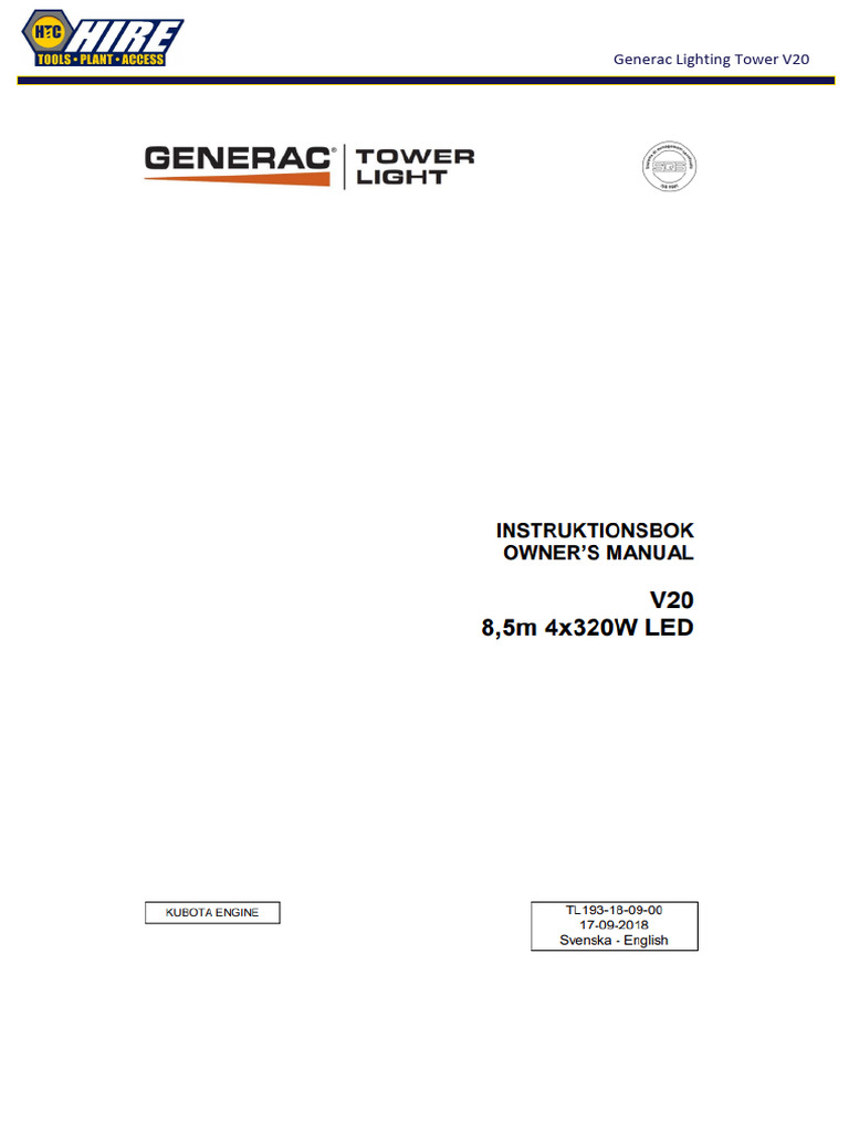 Generac Lighting Tower V20 Manual HTC | PDF