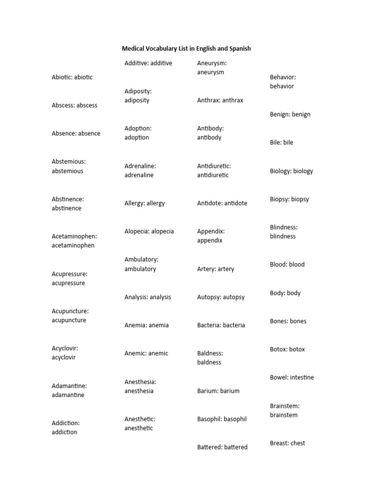 Medical Vocabulary List in English and Spanish | PDF | Infection ...