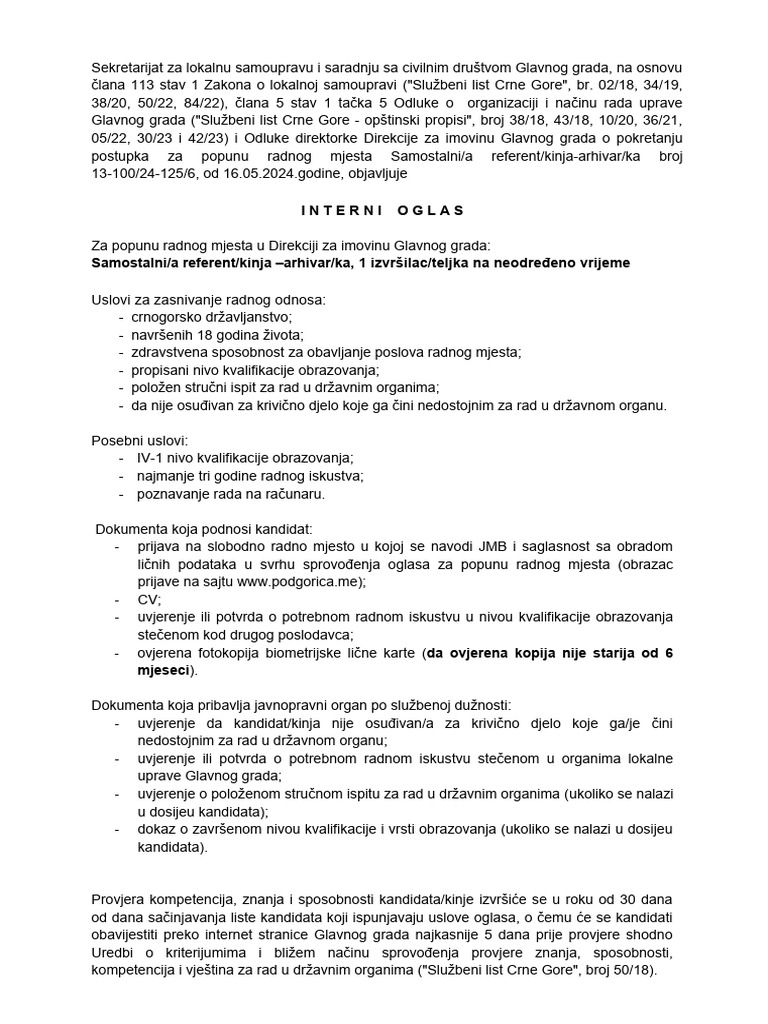 Interni Oglas Za Popunu Radnog Mjesta U Direkciji Za Imovinu Glavnog ...