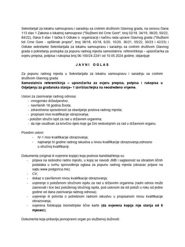 Javni Oglas Samostalni Referent Upisnicar Za Ovjeru Prepisa Potpisa I ...