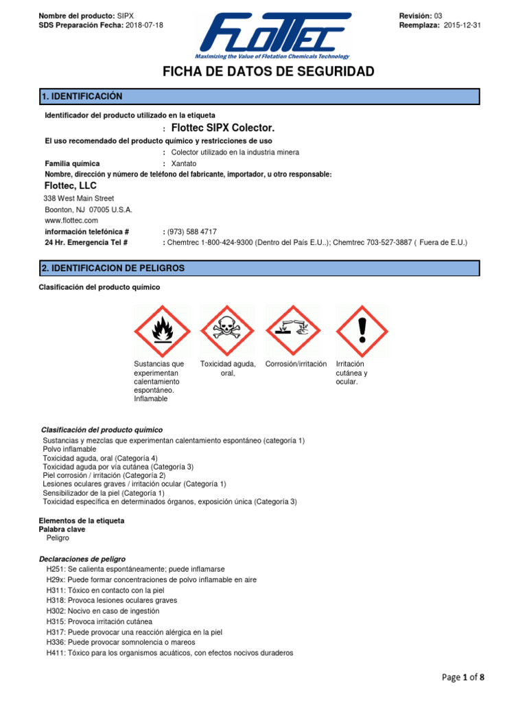 Flottec SIPX Collector SDS Spanish r00 2018-07-18 | PDF | Agua | Química
