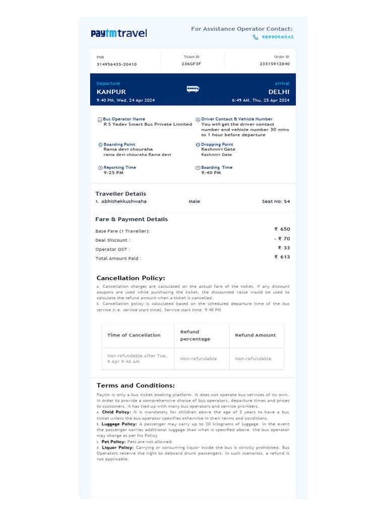 Paytm Bus ETicket | PDF | Bus | Identity Document