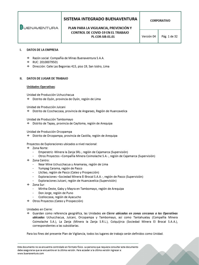 PL-COR-SIB-01.01 Plan para La Vigilancia, Prevención y Control de COVID-19 en El Trabajo (V04 ...