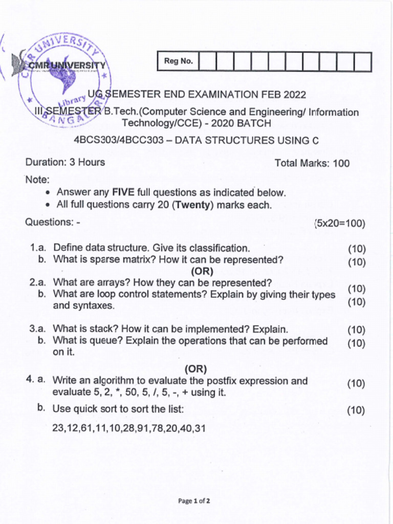 4BCS303 - III Sem - Feb - 2022 - Data Structures Using C | PDF