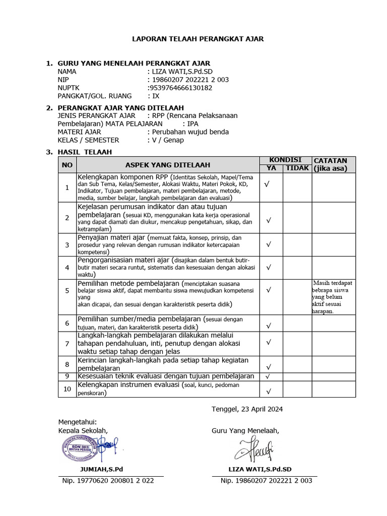 Telaah RPP IPA Kelas V Genap | PDF