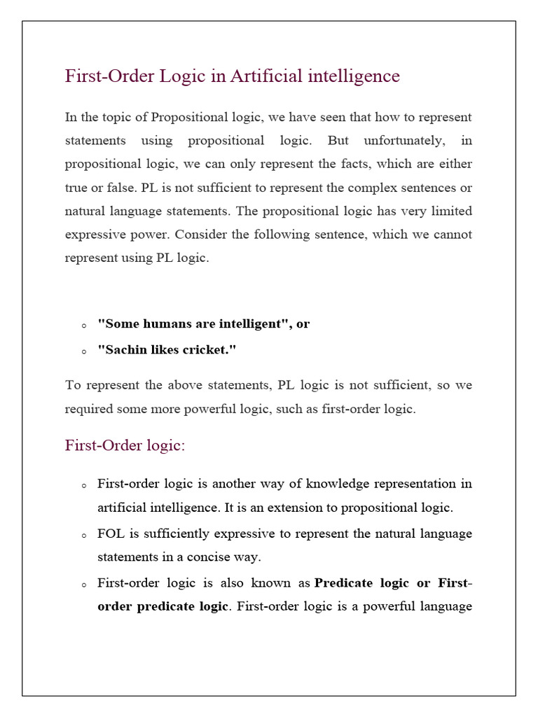 First-Order Logic in Artificial Intelligence | PDF | First Order Logic | Logic