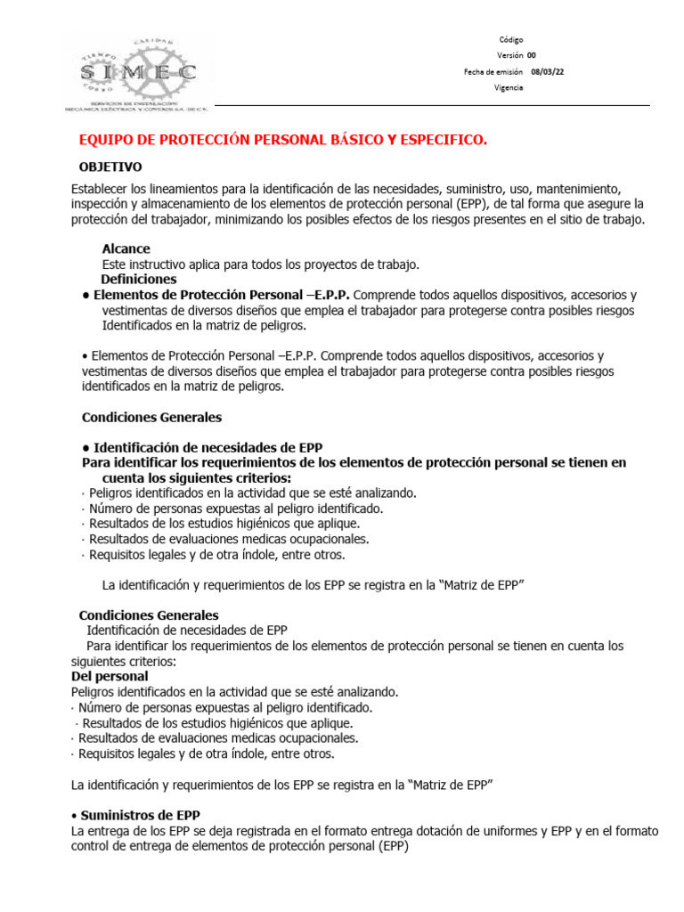 Procedimiento de Epp | PDF