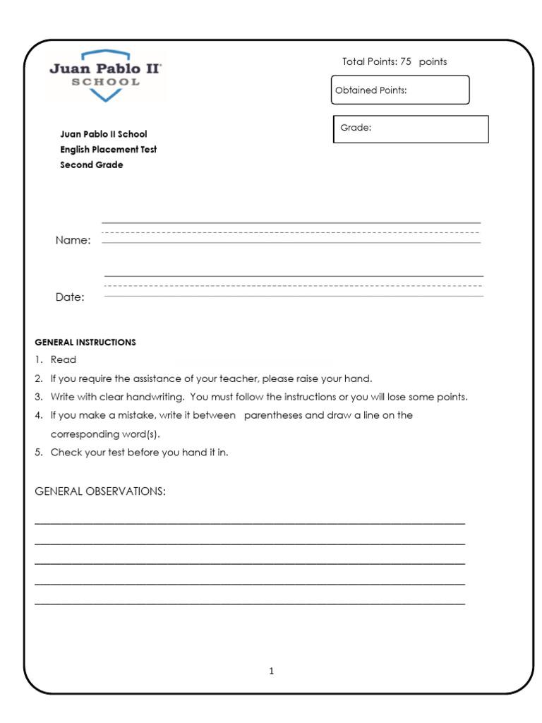 Second Grade English Placement Test | PDF | Verb | Multiple Choice