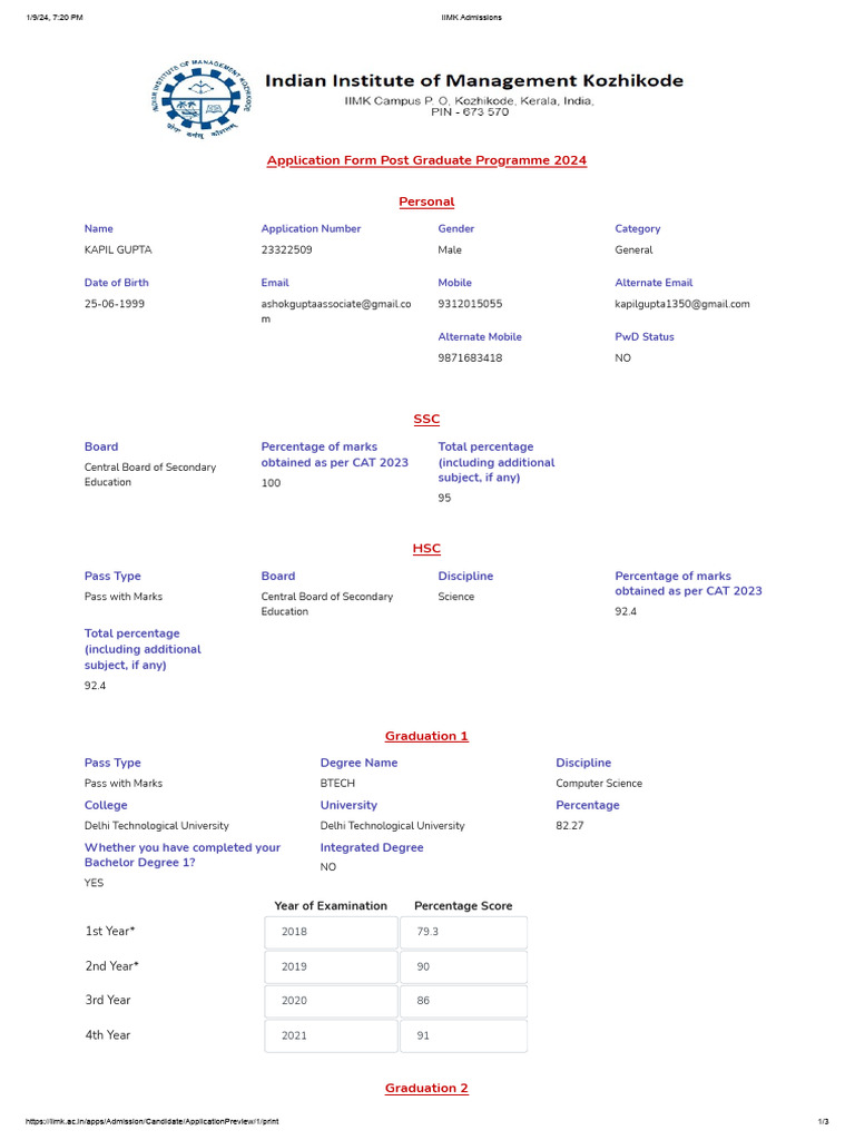 IIMK Admissions Application Form Submissions Kapil Gupta IIM K | Download Free PDF | Academic Degree