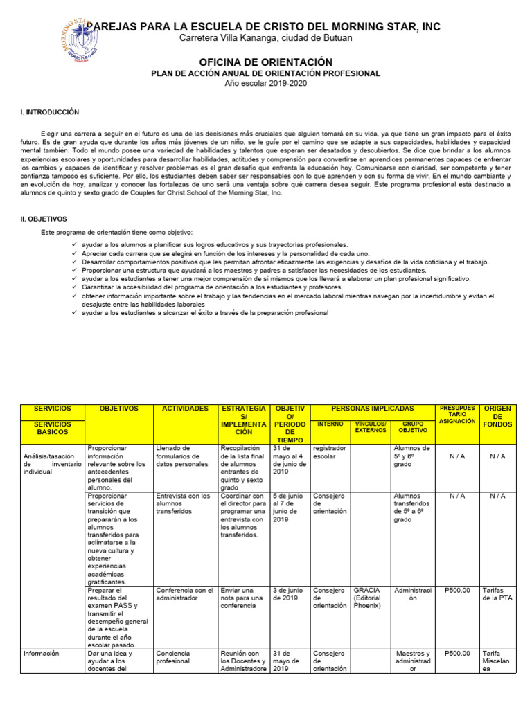 Borrador Del Plan de Acción de Orientación Profesional | PDF | Escuelas
