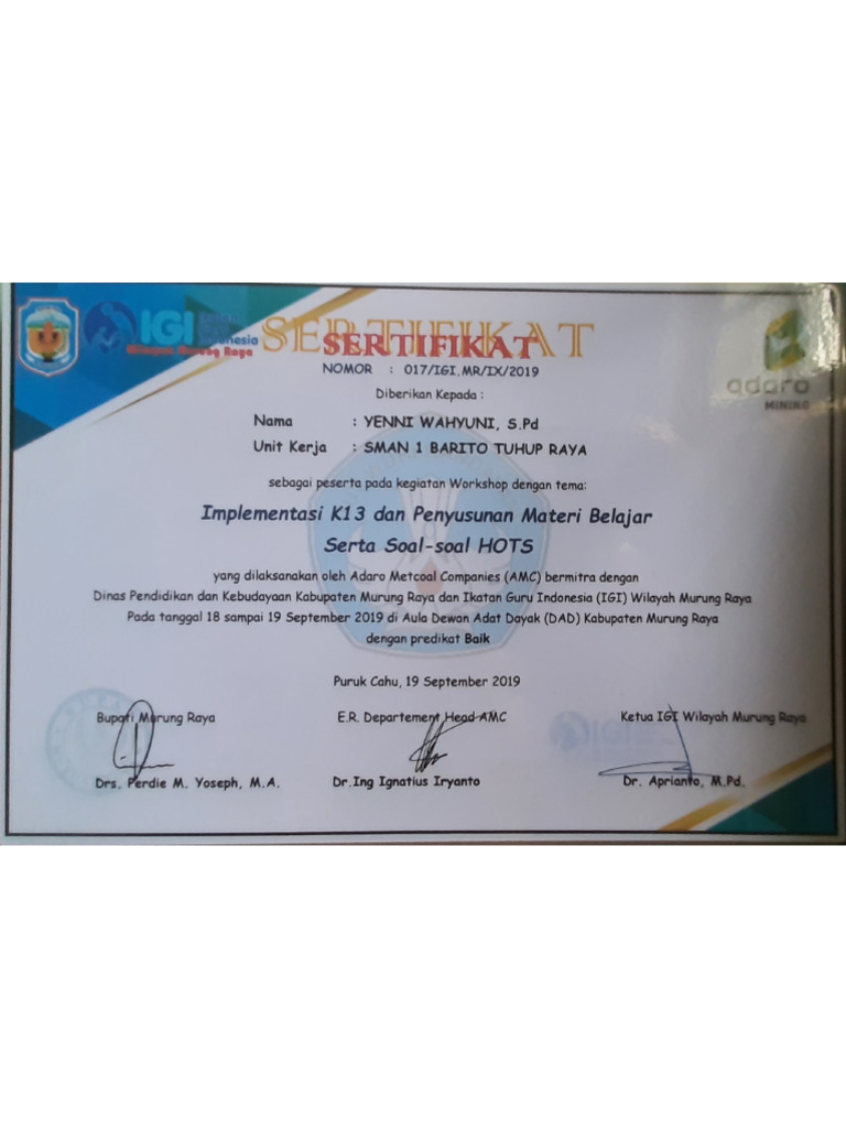 Sertifikat Implementasi K13 Dan Penyusunan Materi HOTS | PDF