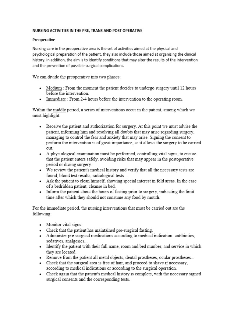 Nursing Activities in Pre Trans and Post Operative | PDF | Surgery | Urinary Tract Infection