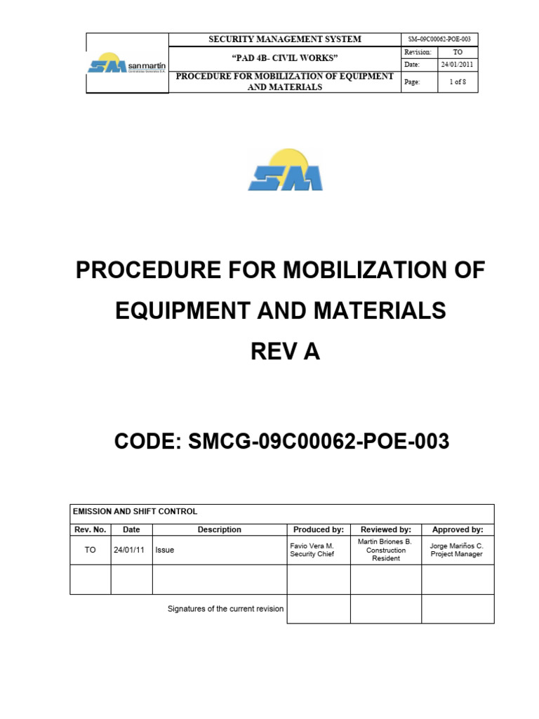 Equipment Mobilization Procedure | PDF | Road | Safety