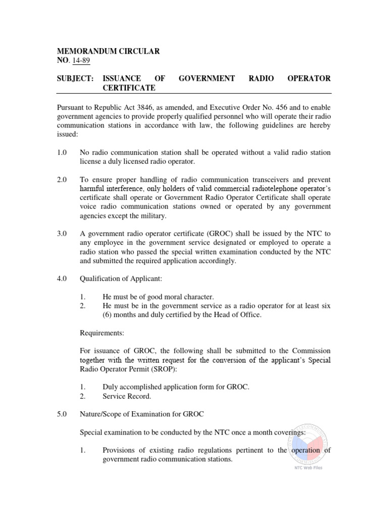 MC 14 89 Issuance of Government Radio Operator Certificate | PDF ...