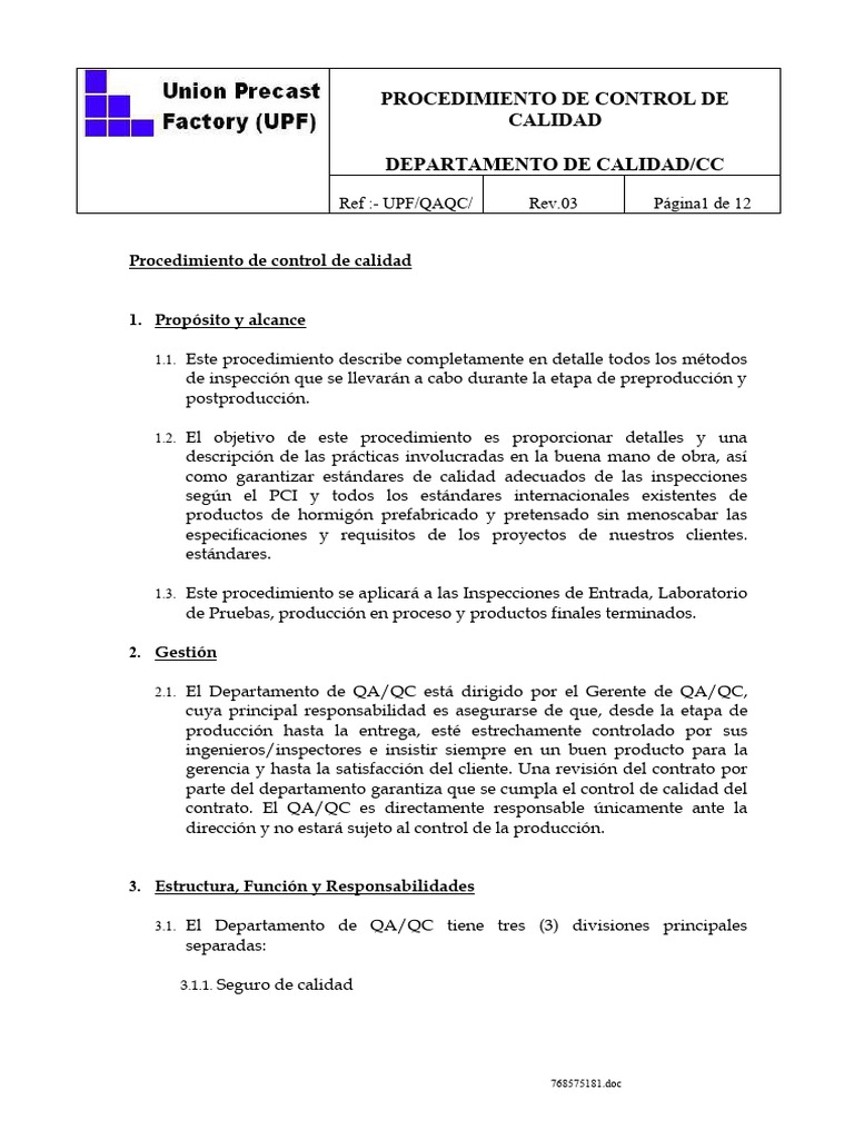 Procedimiento de Control de Calidad | PDF | Hormigón | Calidad (comercial)