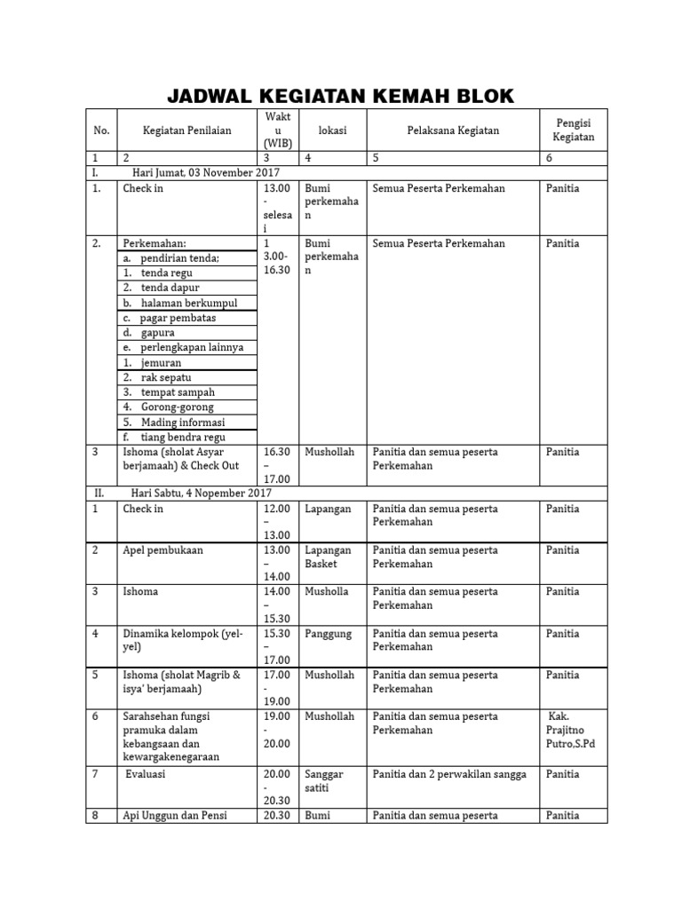 Jadwal Kegiatan Kemah Blok | PDF