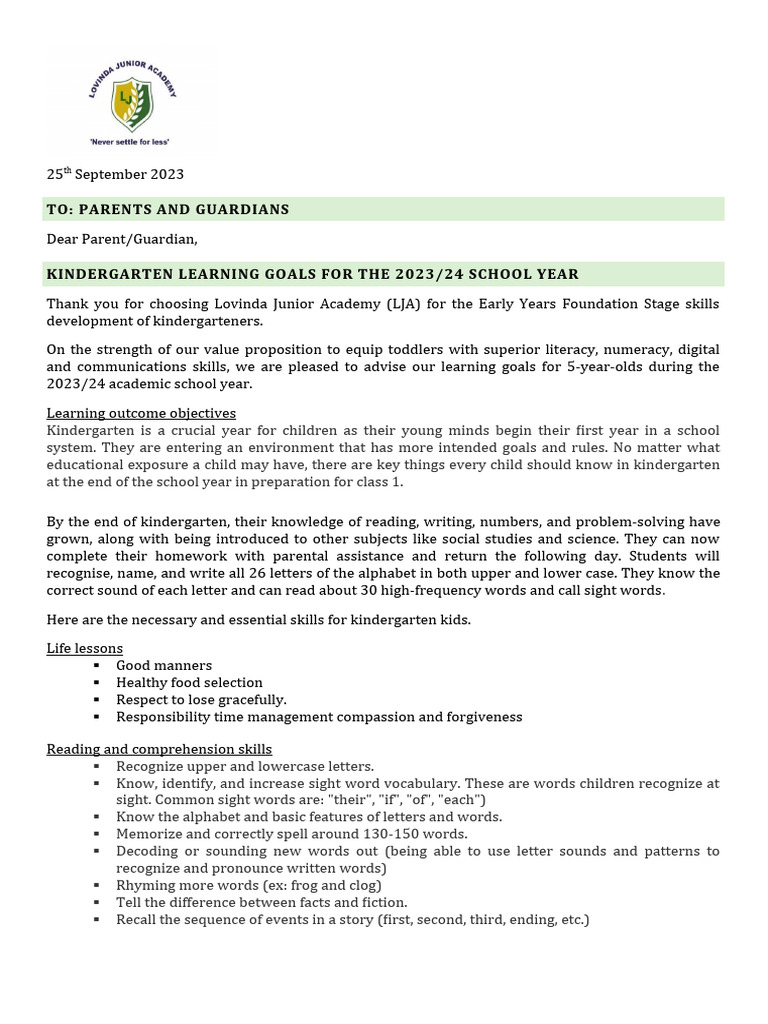 Kindergarten Letter To Parents | PDF | Learning | Cognition