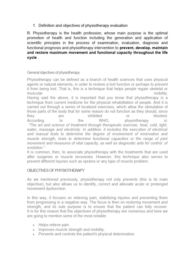 Definition and Objectives of Physiotherapy Evaluation | PDF | Physical ...