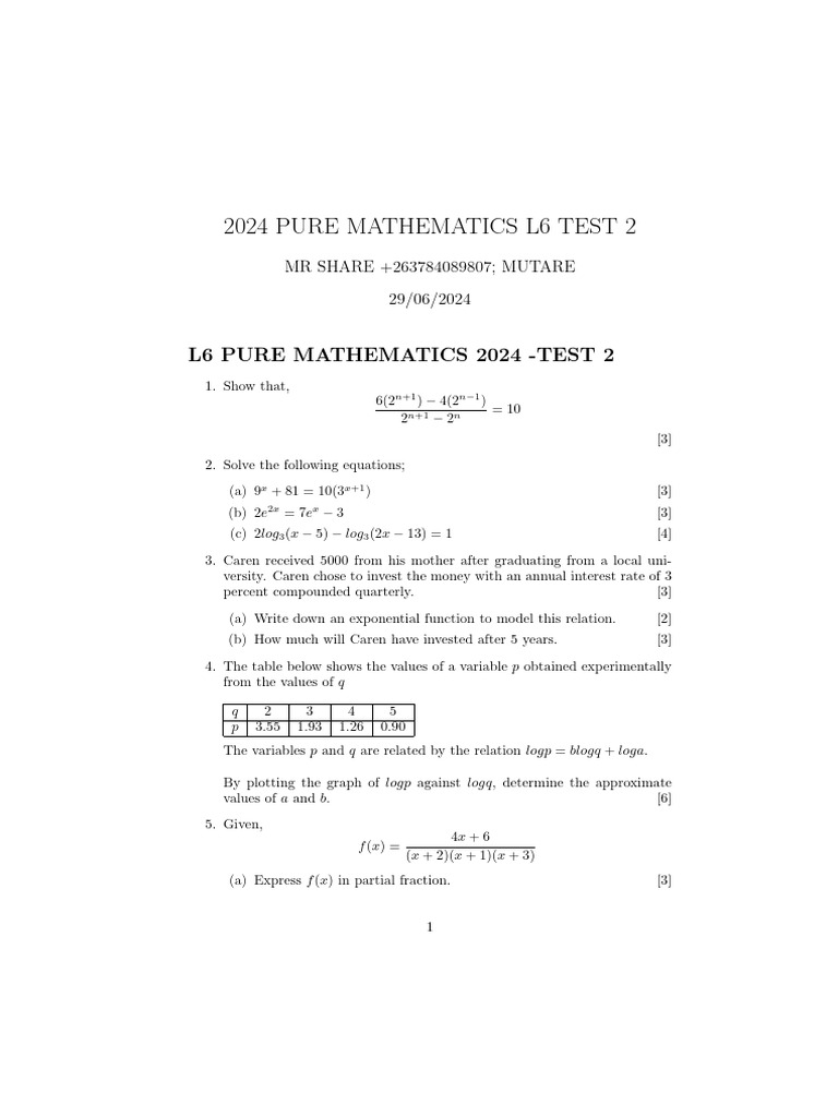 l6 Pure Mathematics Test 2 2024 - MR Share | PDF | Equations | Mathematics