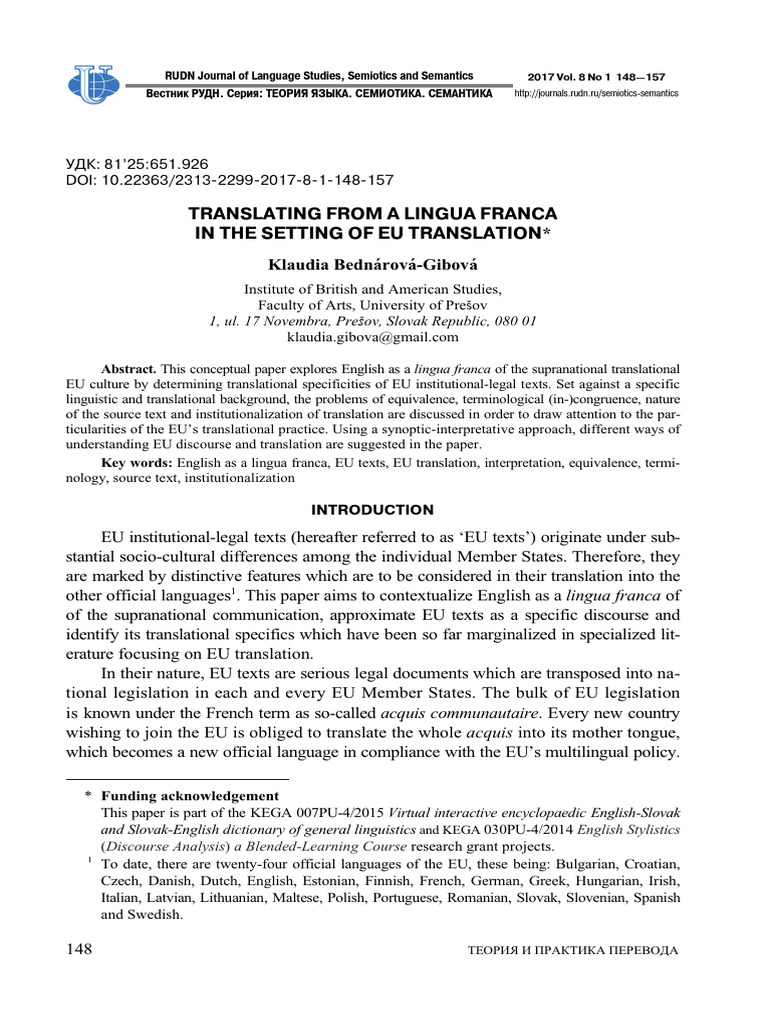 Translating From A Lingua Franca in The Setting of EU Translation | PDF ...