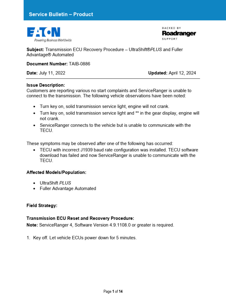 Ultrashift Plus and Fuller Advantage Transmission Ecu Recovery ...