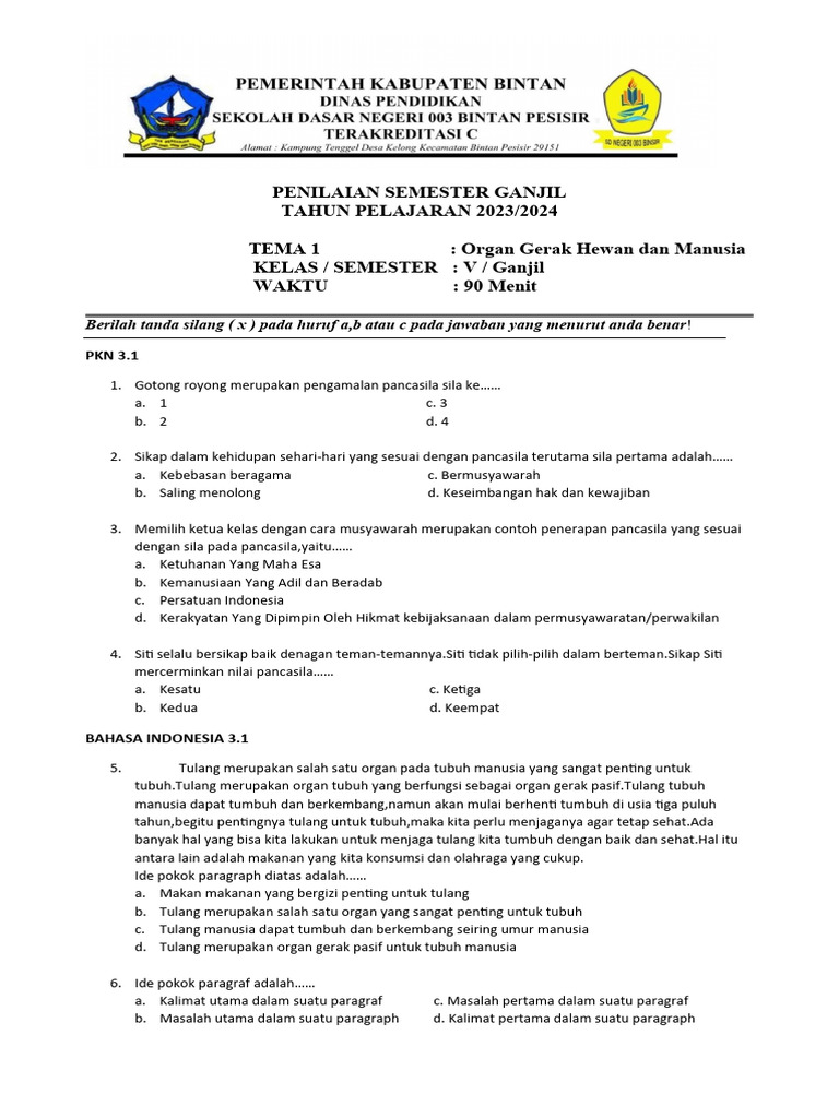 PTS Kelas 5 Tema 1 | PDF