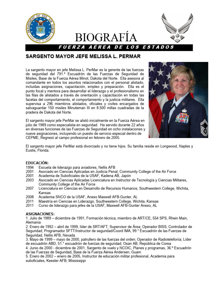 CMSGT Melissa L Permar Bio - Nueva Plantilla - 11 de Agosto | PDF ...