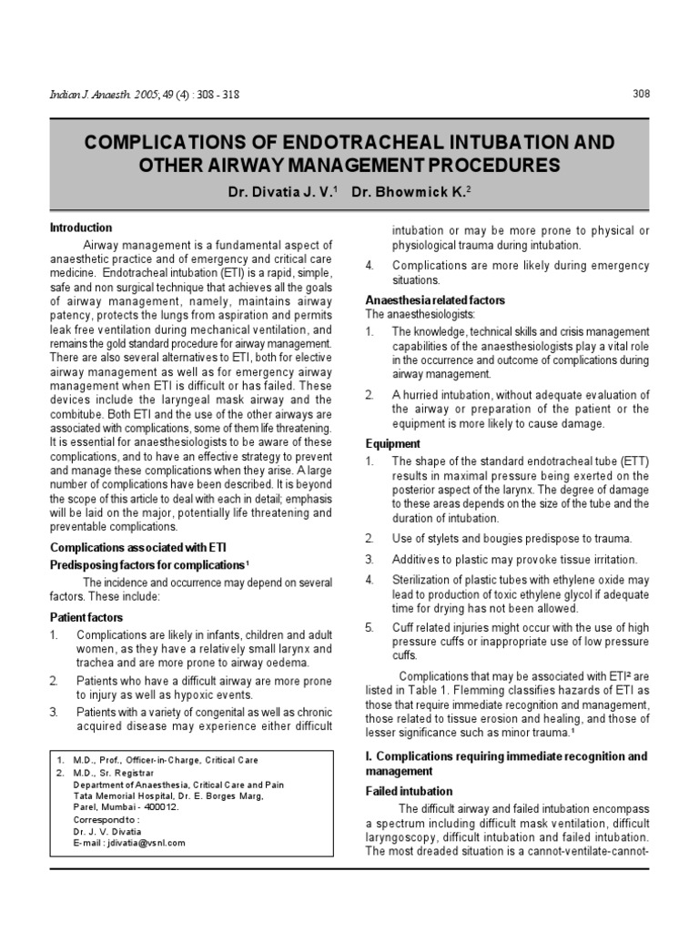 Complications of Endotracheal Intubation and Other Airway Management ...