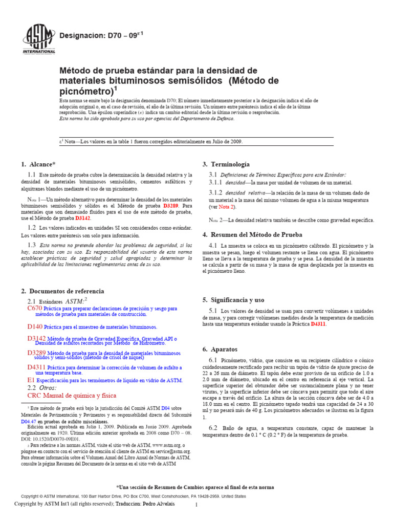 ASTM D70 09 Density Español | PDF | Densidad | Agua