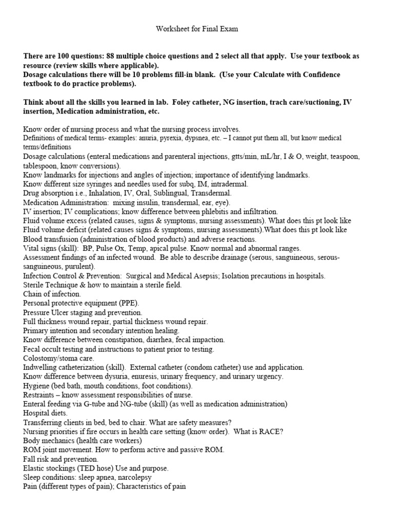Worksheet For Final Exam | PDF | Injection (Medicine) | Diseases And ...