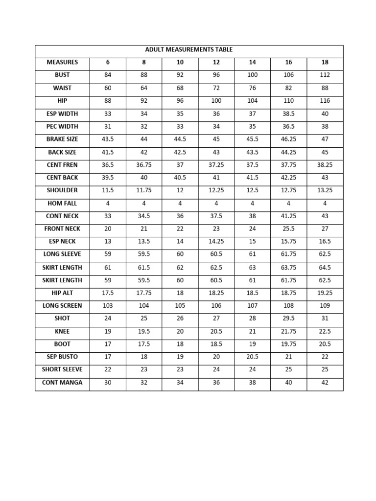 Adult Measurement Chart | Download Free PDF | Blouse | Waist