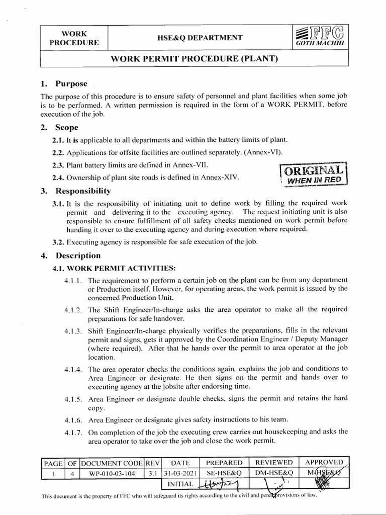 WP 010 104 Work Permit Procedure (Plant) | PDF | Electrical Substation ...