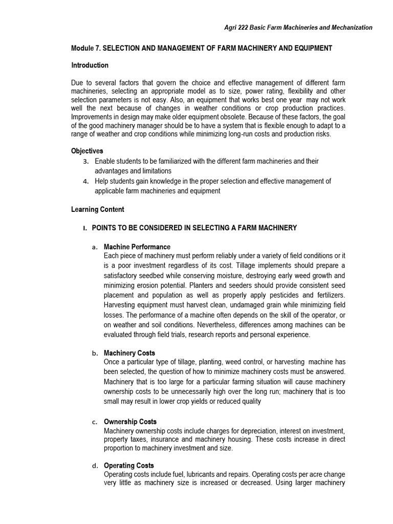 Module 7 Agri 222 | PDF | Agricultural Machinery | Horsepower