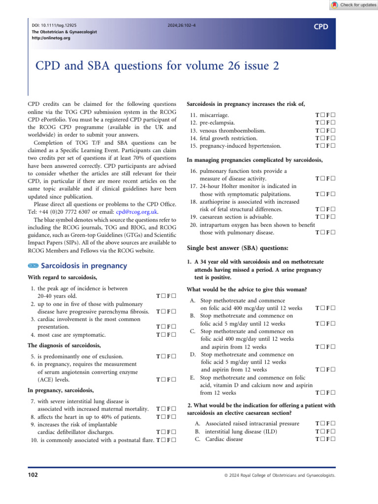 CPD and SBA Questions For Volume 26 Issue 2 - TOG April 2024 | PDF ...