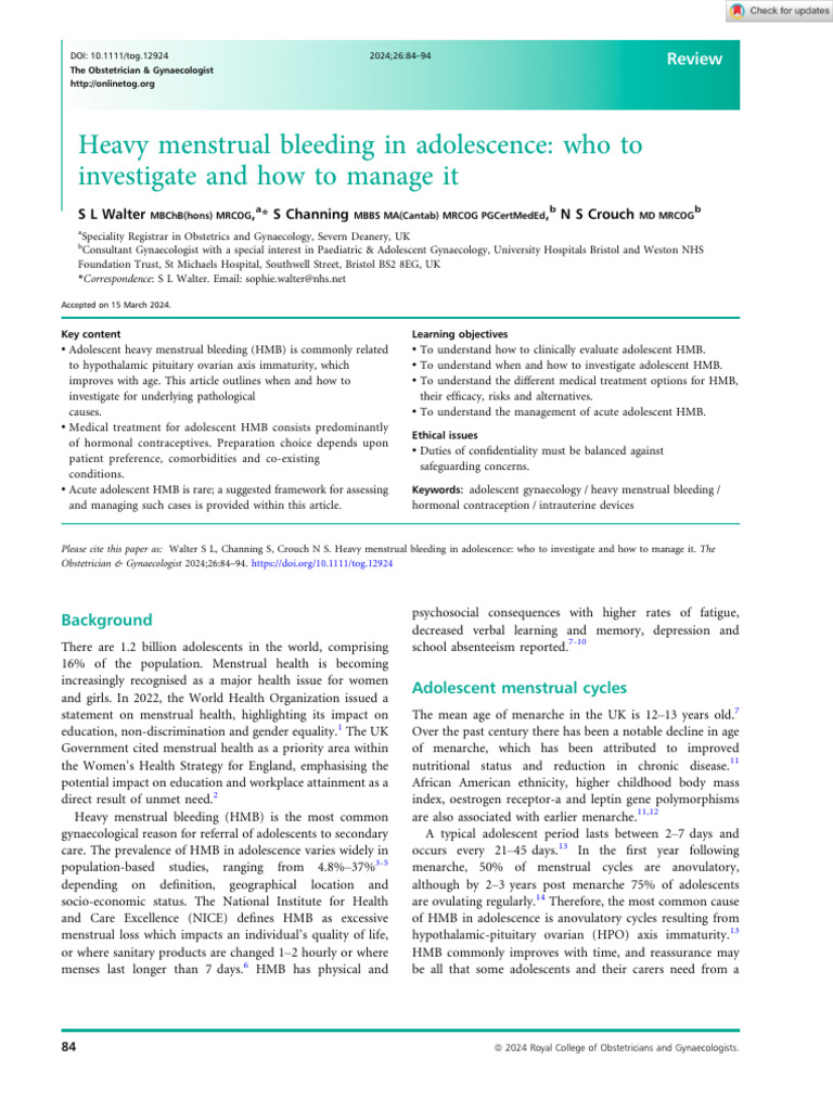 Heavy Menstrual Bleeding in Adolescence - TOG April 2024 | PDF ...