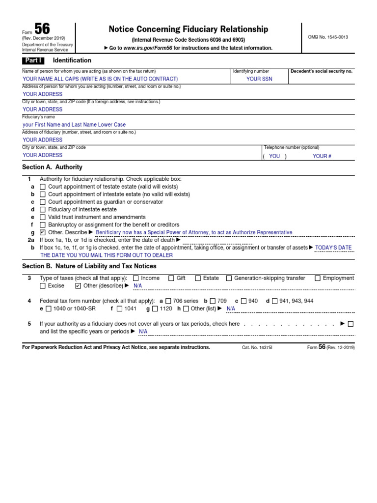 Form 56 Sample Fillout | PDF | Taxes | Fiduciary Form 56 Sample Fillout | PDF | Taxes | Fiduciary