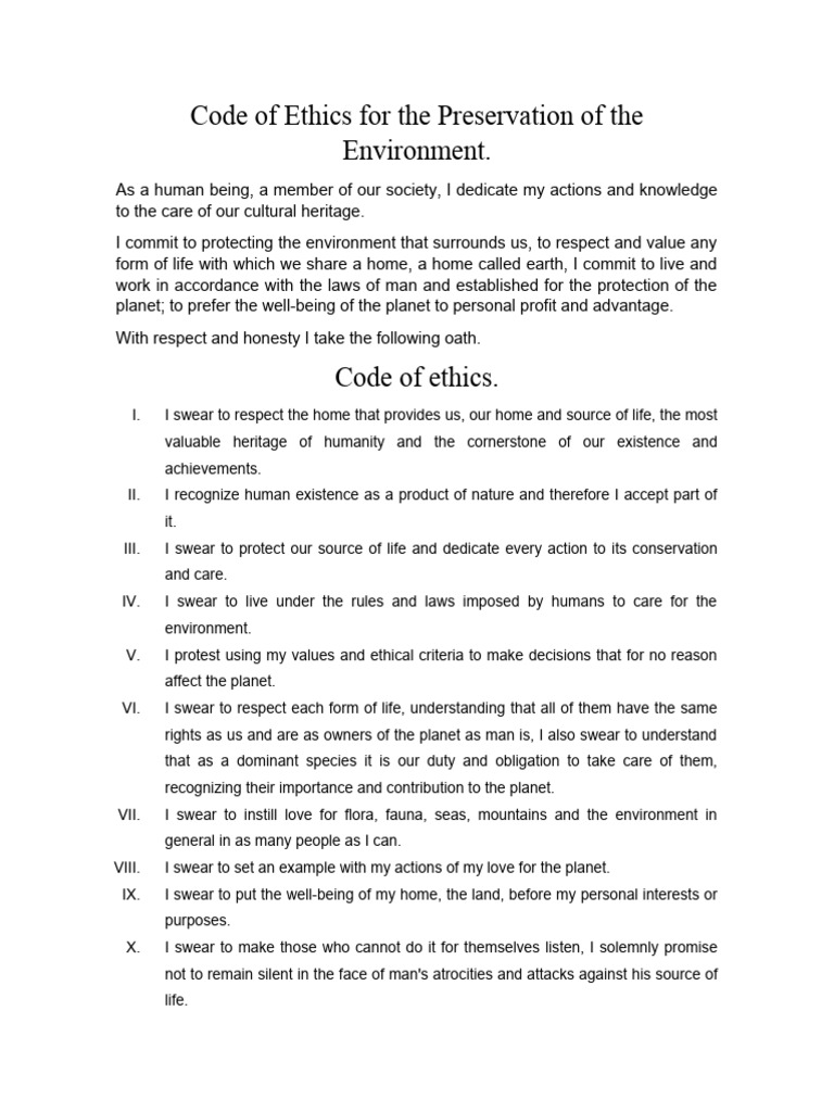 Code of Ethics For The Preservation of The Environment | PDF