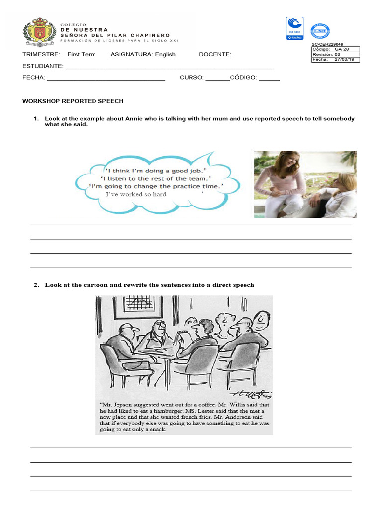 Reported Speech Workshop Guide | PDF