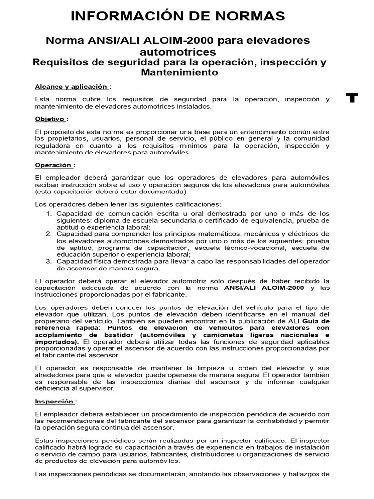 Norma ANSI/ALI ALOIM-2000 para Elevadores Automotrices: Requisitos de Seguridad para Operación ...