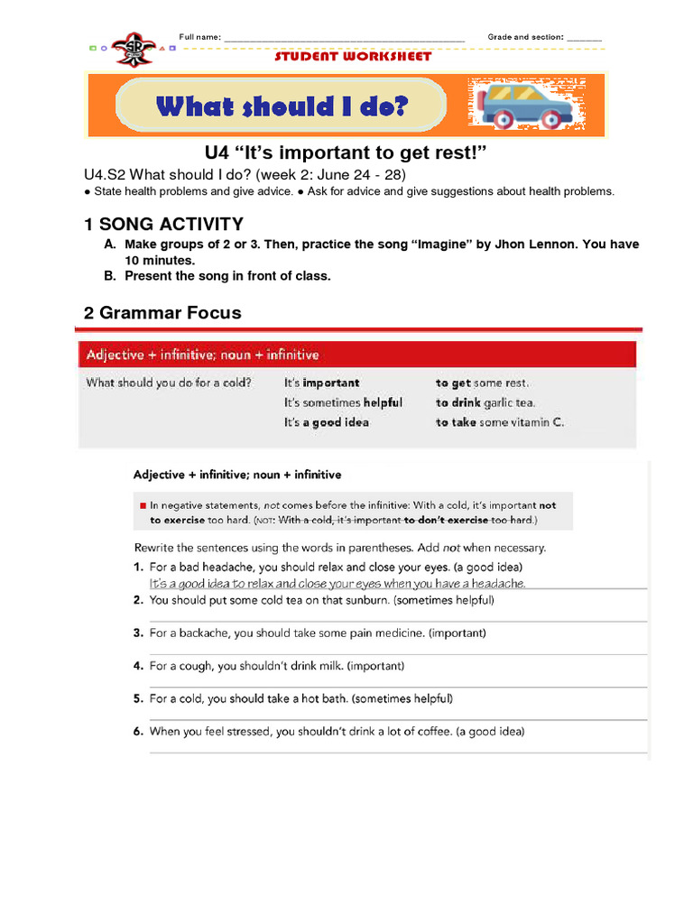 U4 S15 Worksheet 5° Ingles | PDF