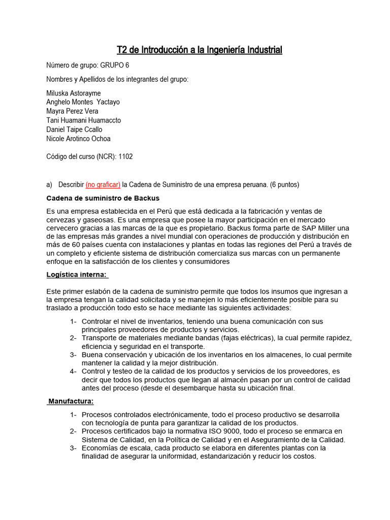 T2 Introduccion A La Ingenieria Industrial. | PDF | Calidad (comercial) | Cadena de suministro