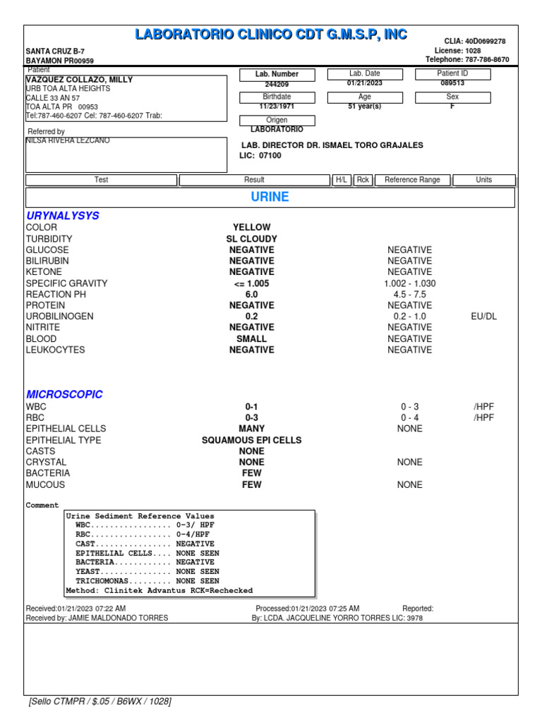 Urinalysis Report for Milly Vazquez | PDF | Nephrology | Genitourinary System