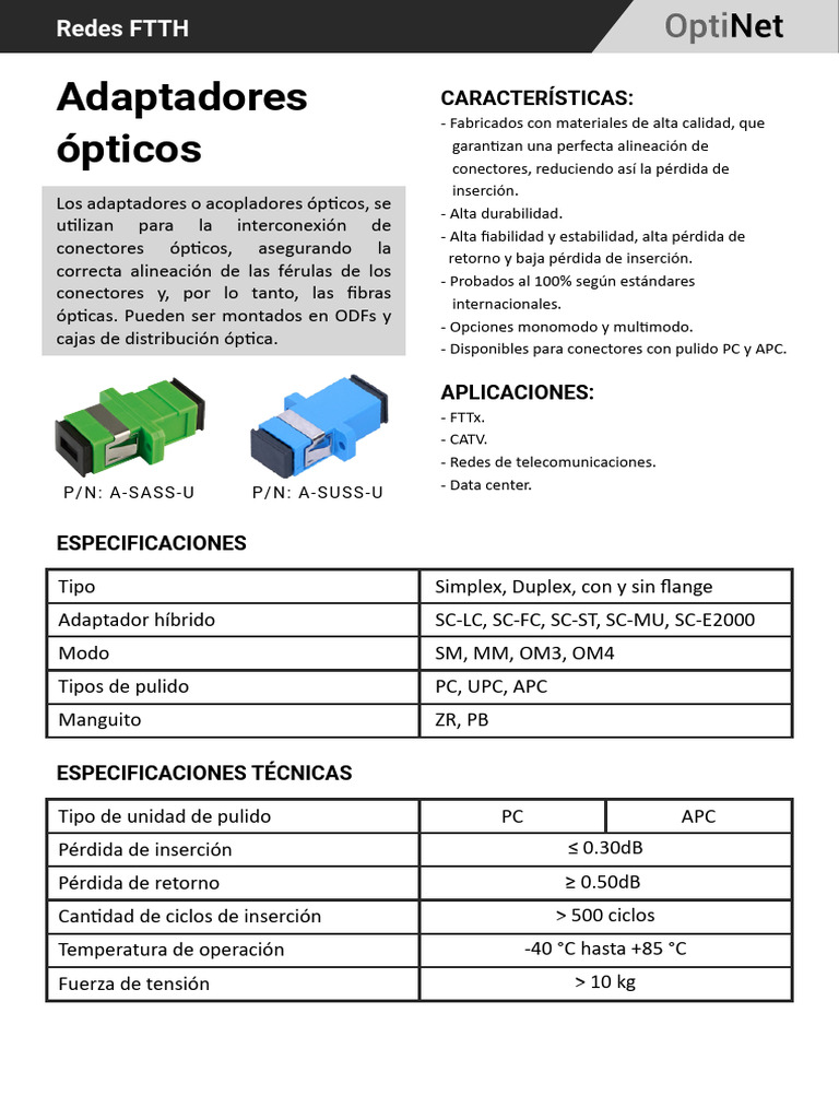 Adaptadores - Optinet | PDF | Fibra óptica | Vidrio Ingeniería y Ciencia