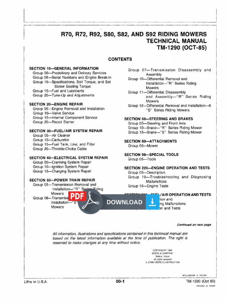 John Deere R70 R72 R92 S80 S82 S92 Lawn Mower Service Manual - TM1290 ...