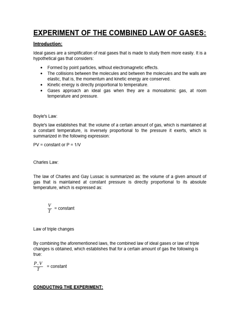 Combined Gas Law Experiment Overview | PDF | Gases | Heat
