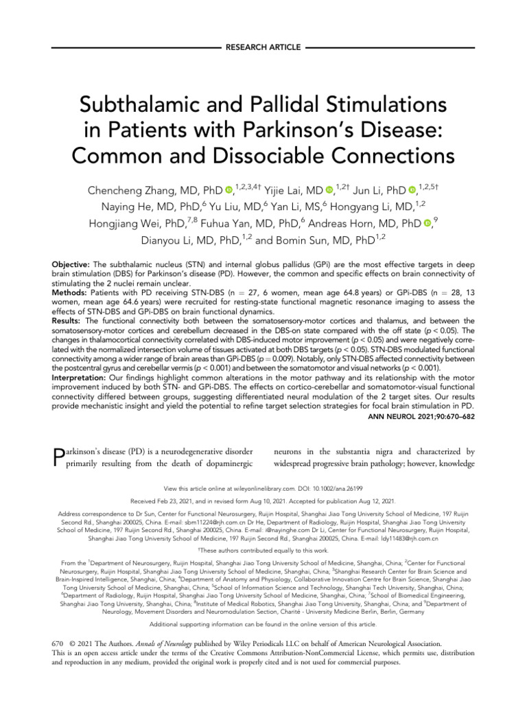 Subthalamic and Pallidal Stimulations in Patients With Parkinson's ...